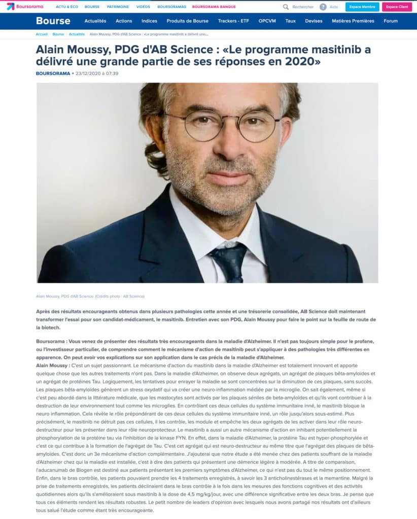 Boursorama interview of Alain Moussy, CEO of AB Science – AB Science
